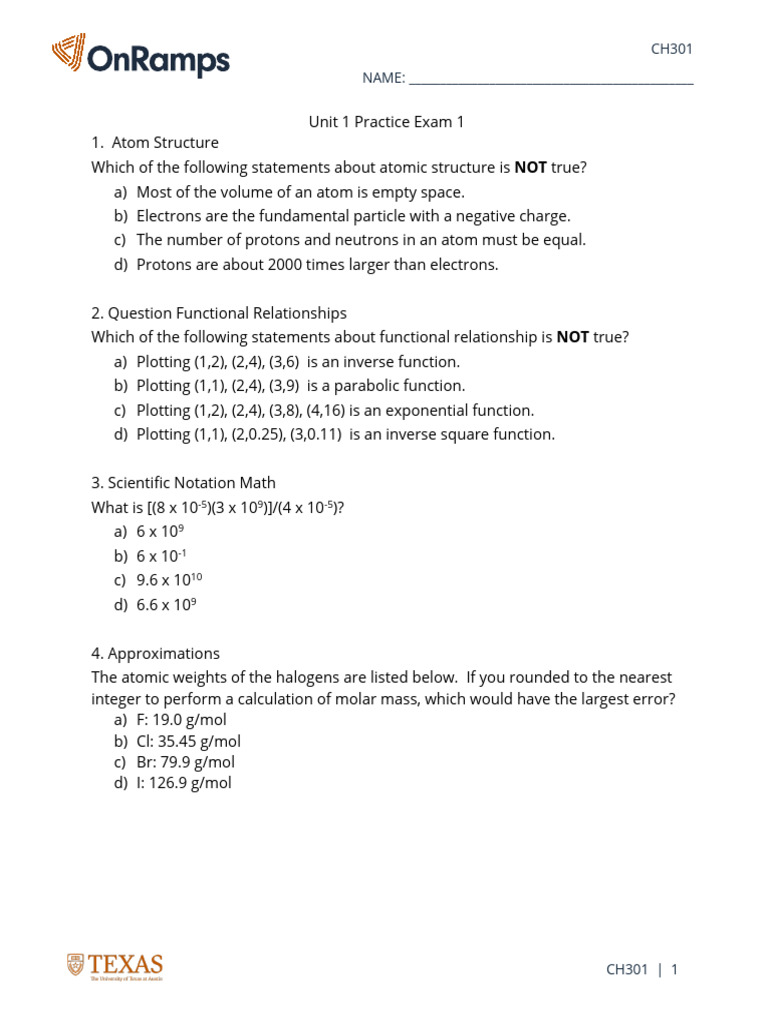 Unit 1 Practice Exam 1 Chemistry Onramps Practice Test | PDF | Light ...