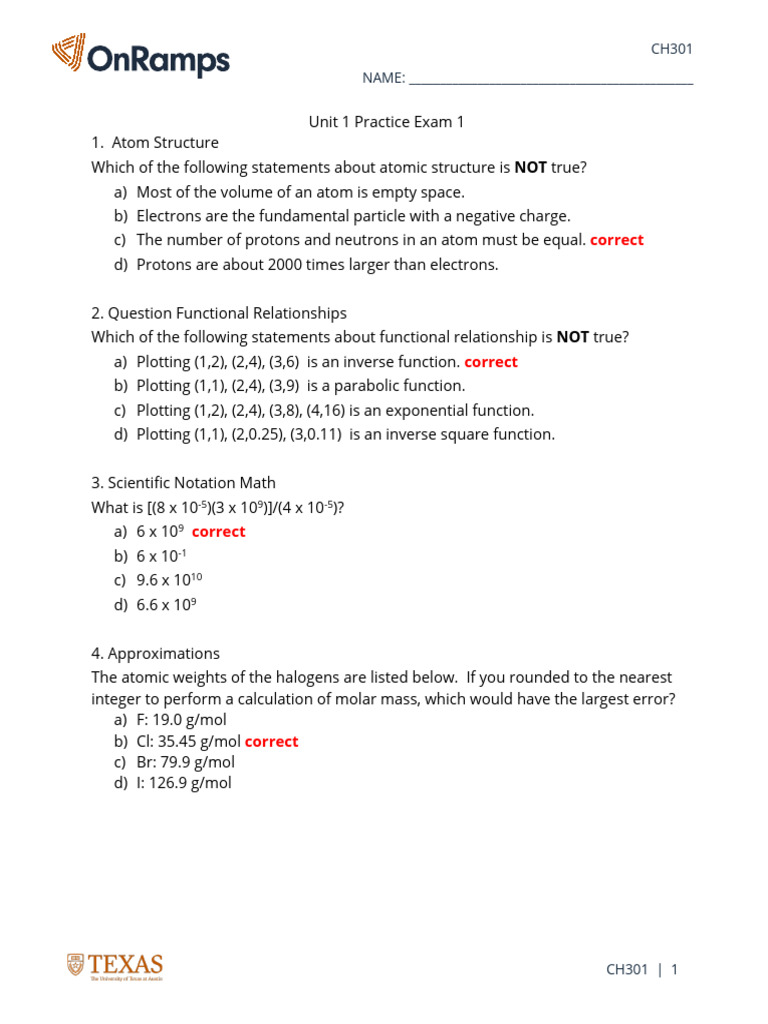 Unit 1 Practice Exam 1 Chemistry Onramps Practice Test KEY | PDF ...