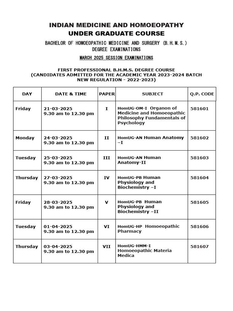 BHMS Exam Schedule March 2025 | PDF | Homeopathy | Social Programs