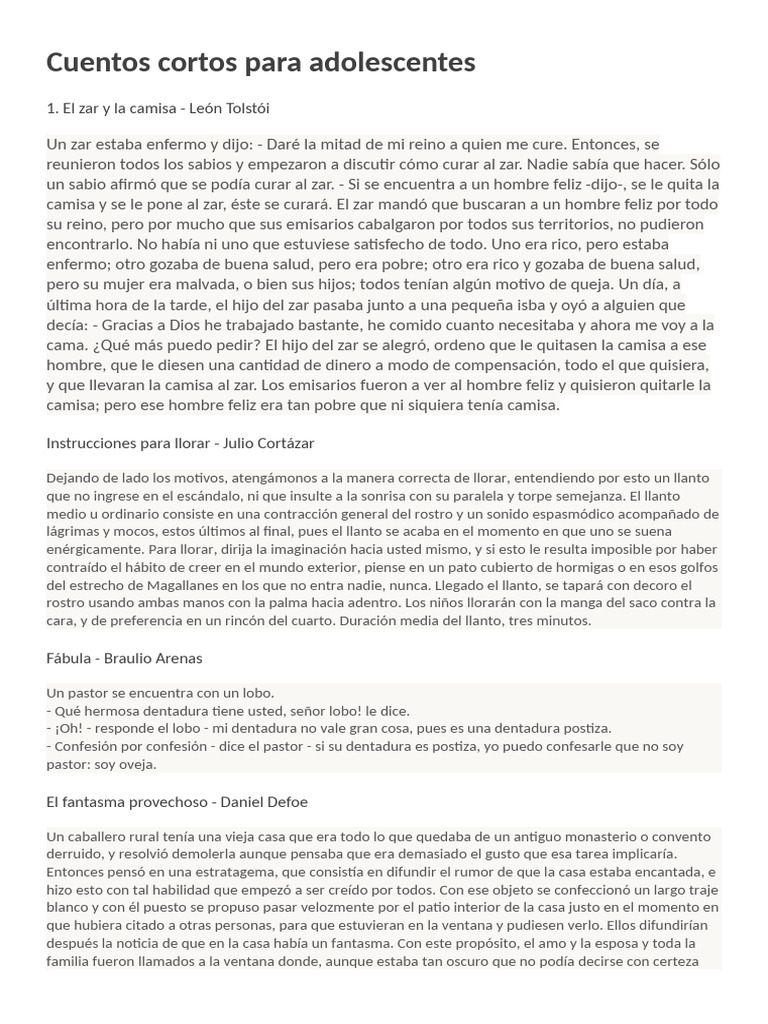 Cuentos Cortos para Jóvenes Lectores | PDF