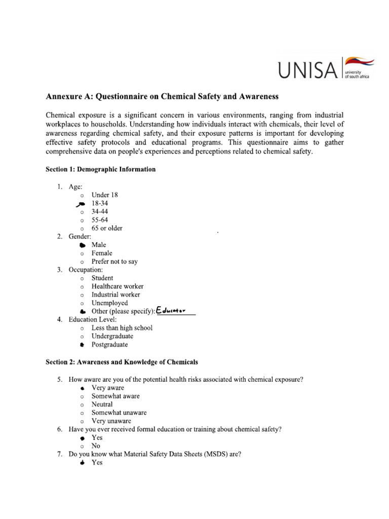 Chemical Awareness Questionnaire | PDF