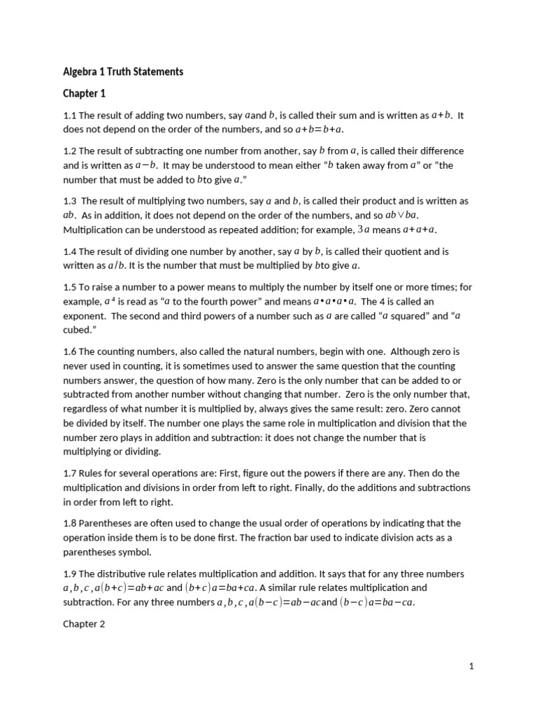 Algebra 1 Truth Statements Jacobs | PDF | Factorization | Polynomial