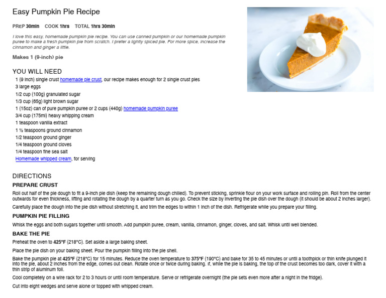 Easy Homemade Pumpkin Pie Recipe | PDF