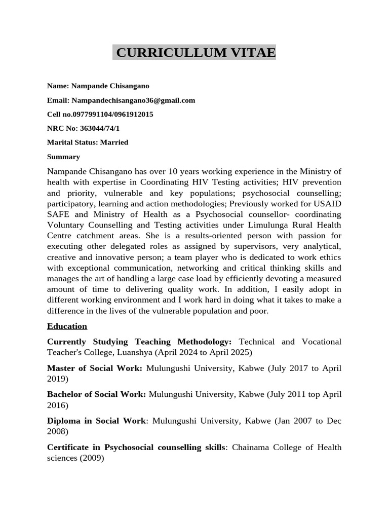 Nampande Chisangano's CV | PDF | Tuberculosis | Hiv/Aids