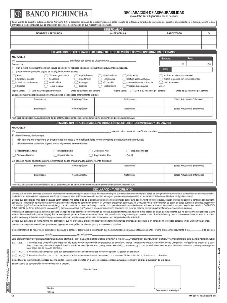 Formato Declaración de Asegurabilidad | PDF | Póliza de seguros | Enfermedades y trastornos