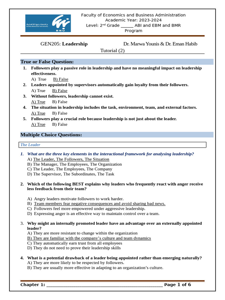 Tutorial 2 Leadership With Answers | PDF | Leadership | Anger