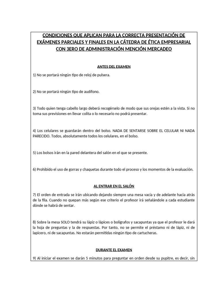 Condiciones Que Aplican para La Correcta Presentación de Exámenes Parciales y Finales-1 | PDF