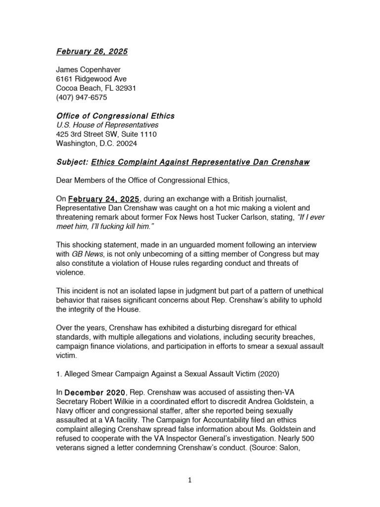Crenshaw Ethics Complaint | PDF | United States House Of Representatives