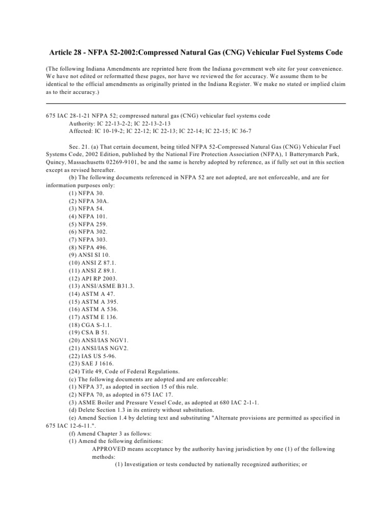 Indiana NFPA 52 Compressed Natural Gas CNG Vehicle Fuel Systems | PDF ...
