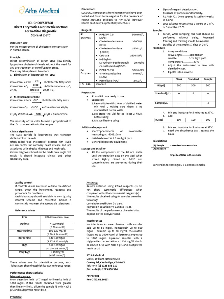 LDL Choleterol Package Insert | PDF | Low Density Lipoprotein | Cholesterol
