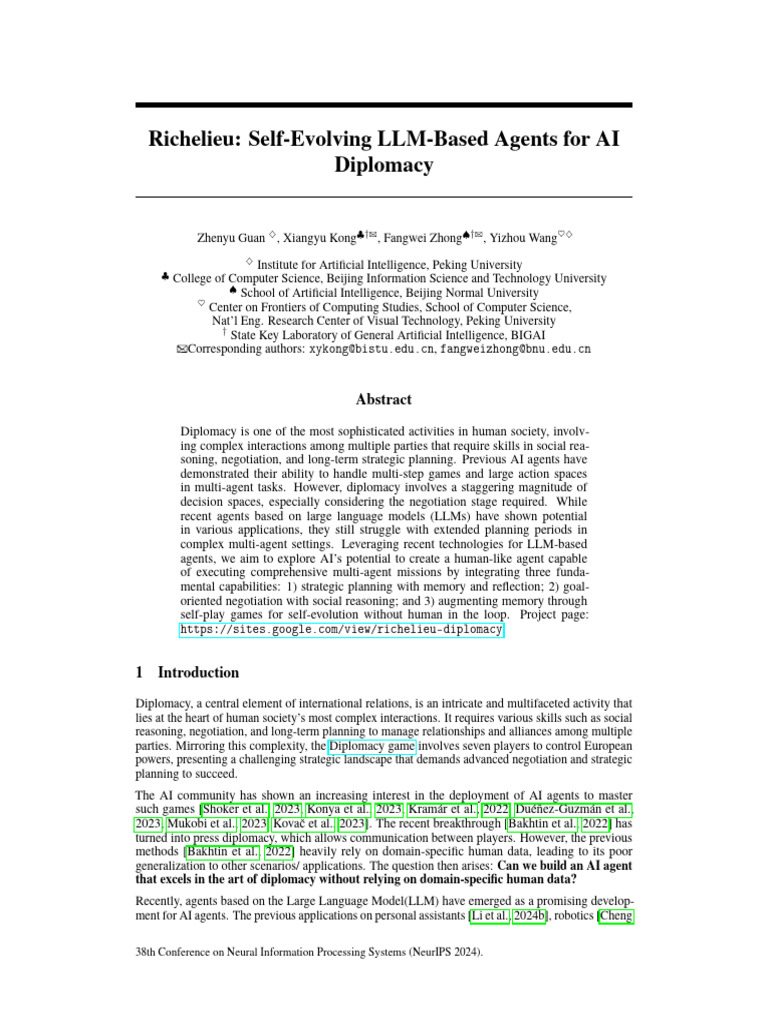 NeurIPS 2024 Richelieu Self Evolving LLM Based Agents For Ai Diplomacy Paper Conference | PDF ...