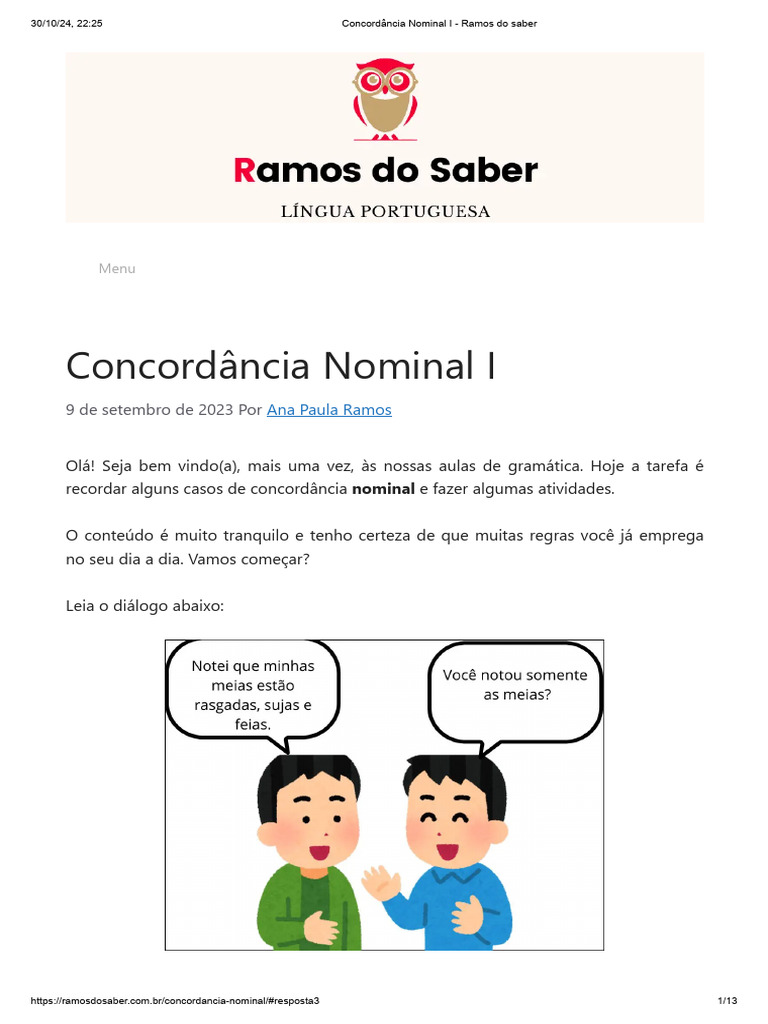 Concordância Nominal I - Ramos do saber | PDF | Palavra | Mecânica da linguagem