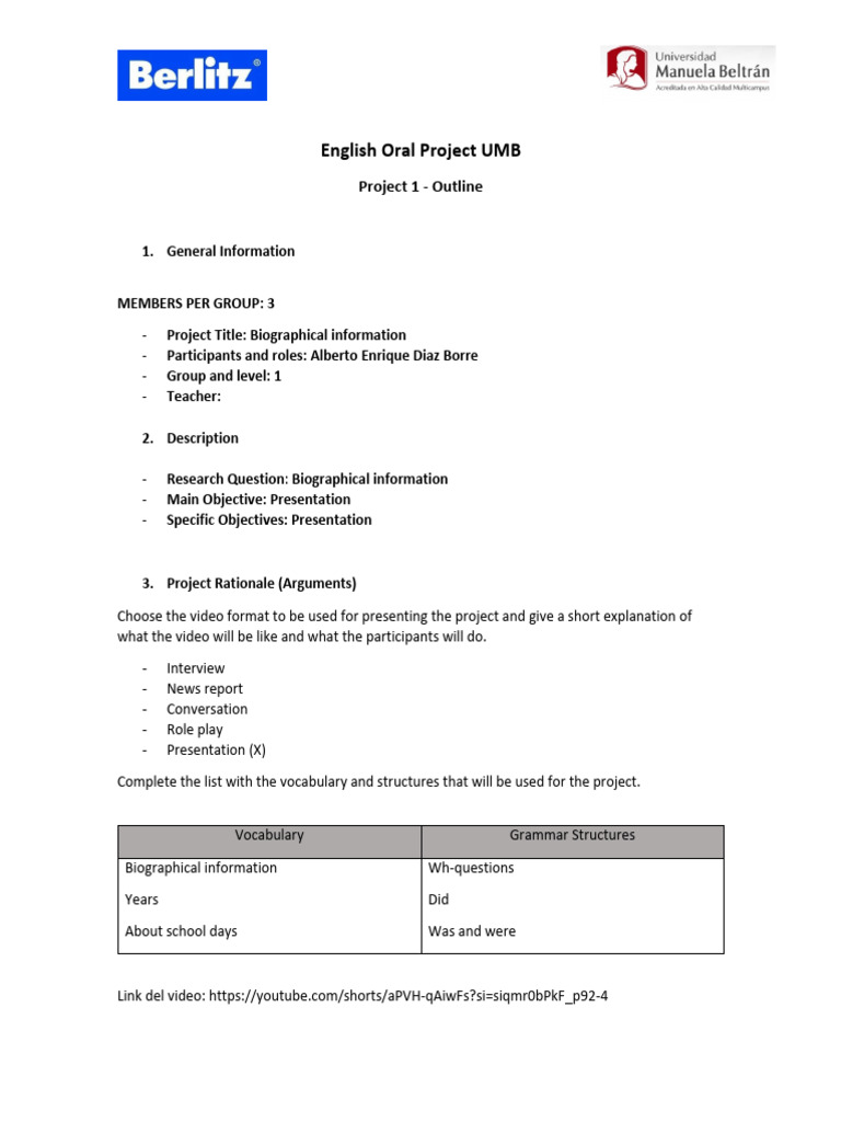Oral_Project 1_UMB-1 | PDF