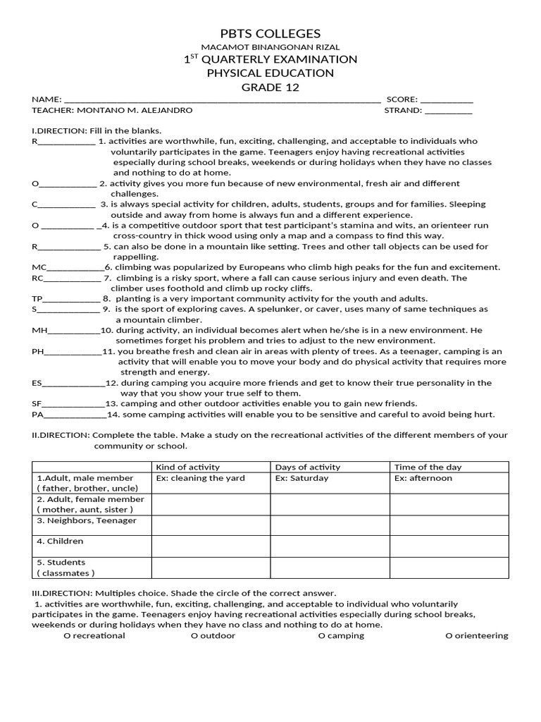 1st Quarterly Exam P.E Shs 12 | PDF | Mountaineering | Rock Climbing