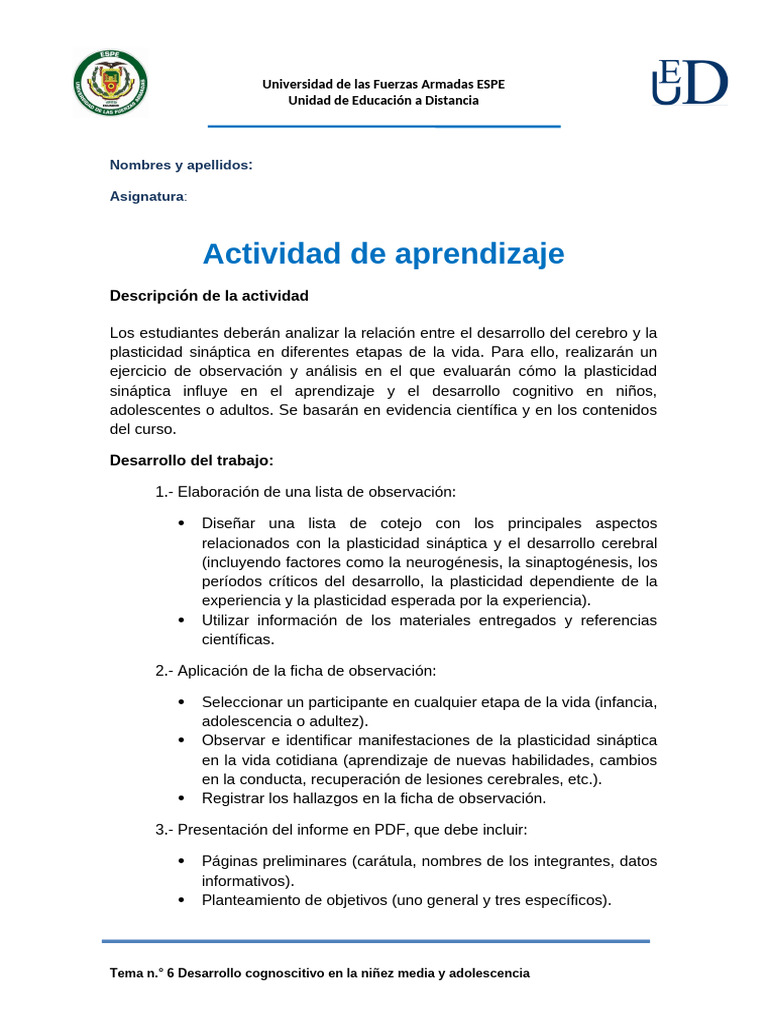 Plasticidad Sináptica y Desarrollo Cerebral | PDF | Aprendizaje | Adultos