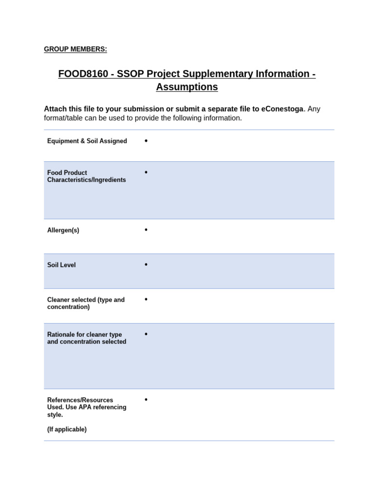 FOOD8160 SSOP Assumptions Template1 | PDF