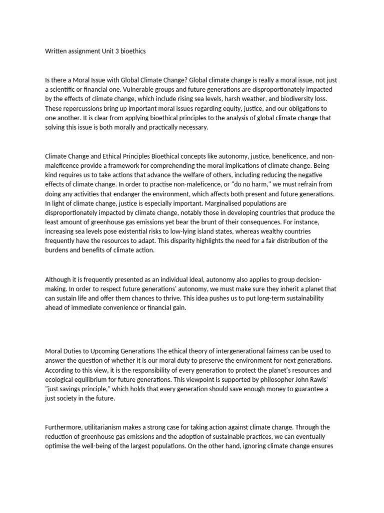 Written Assignment Unit 3 Bioethics | PDF | Climate Change | Justice