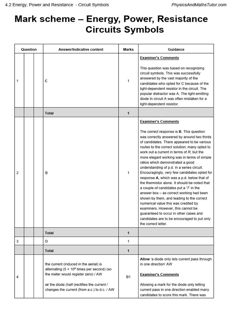 Energy, Power, Resistance Mark Scheme | PDF | Voltage | Electrical Network