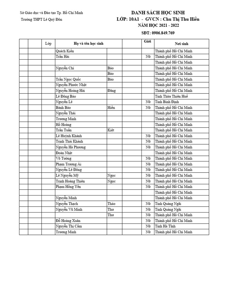 Danh Sách Học Sinh: LỚP: 10A1 - GVCN: Chu Thị Thu Hiền | PDF