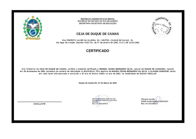 Certificado de Conclusão do Ensino Médio | PDF
