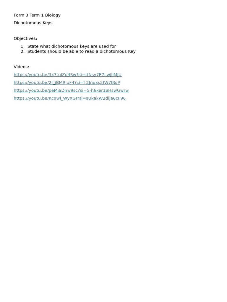 Form 3 Term 1 Biology - Dichotomous Keys | PDF
