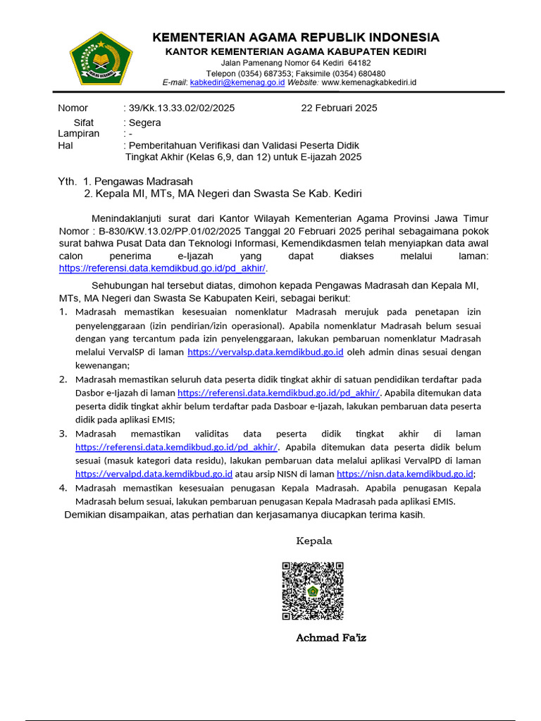 Surat Pemberitahuan Veval PD Tingkat Akhir Untuk E-Ijazah 2025 | PDF