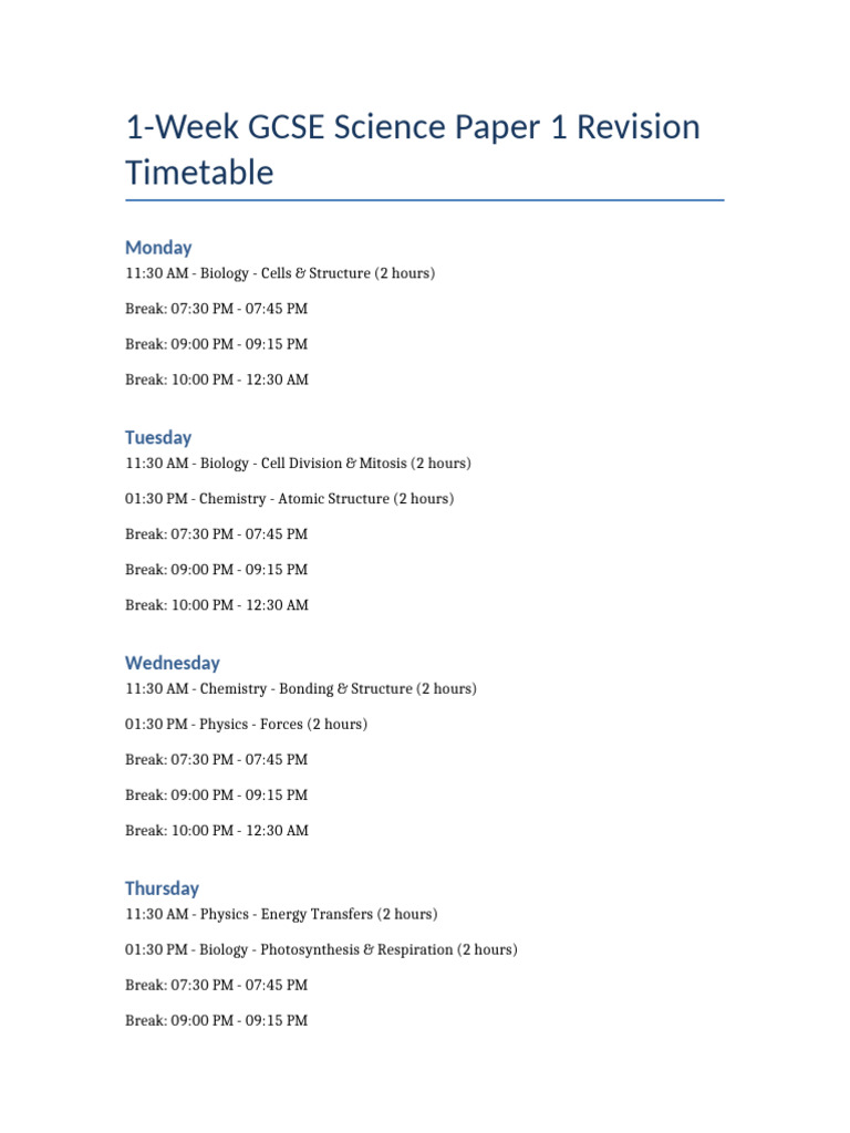 1 Week GCSE Science Paper 1 Timetable | PDF