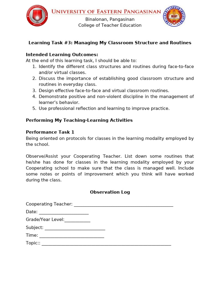 DELOS REYES SHANE S. - Learning Task #3 - Managing My Classroom Structure and Routines | PDF ...