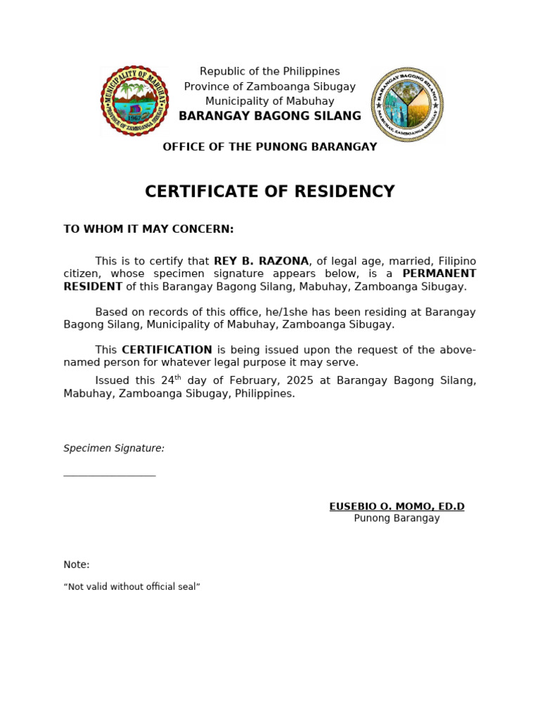 Barangay Certificate of Residency Sample | PDF