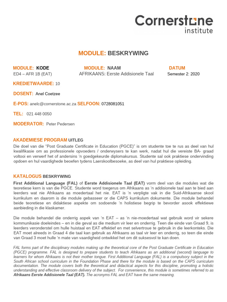 Afrikaans FAL Module Outline NEW 2020 | PDF