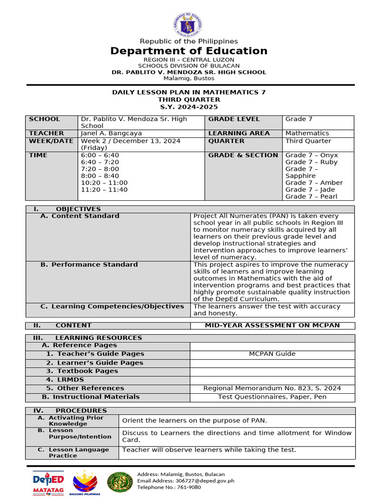 DLL_MATH7_WEEK 1_DEC 3,2024 | PDF | Teachers | Learning