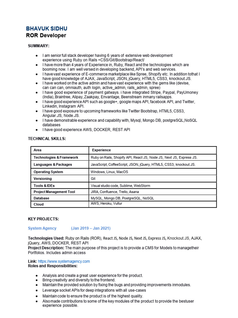 Bhavuk ROR Developer 6 Yrs | PDF | Ruby On Rails | J Query