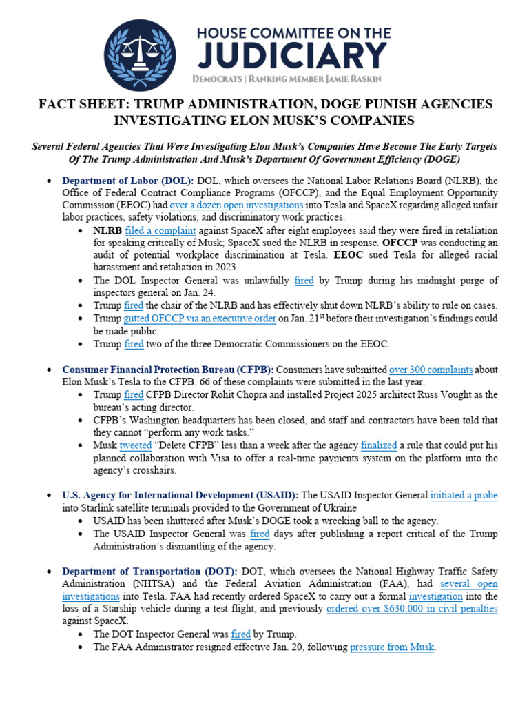 2025.02.13 Fact Sheet Re Musk Investigations | PDF | Elon Musk ...