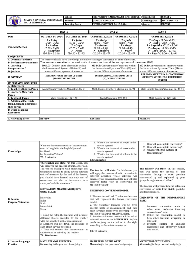 DLL Math7 Week4 Oct14-18,2024 | PDF | Measurement | Learning