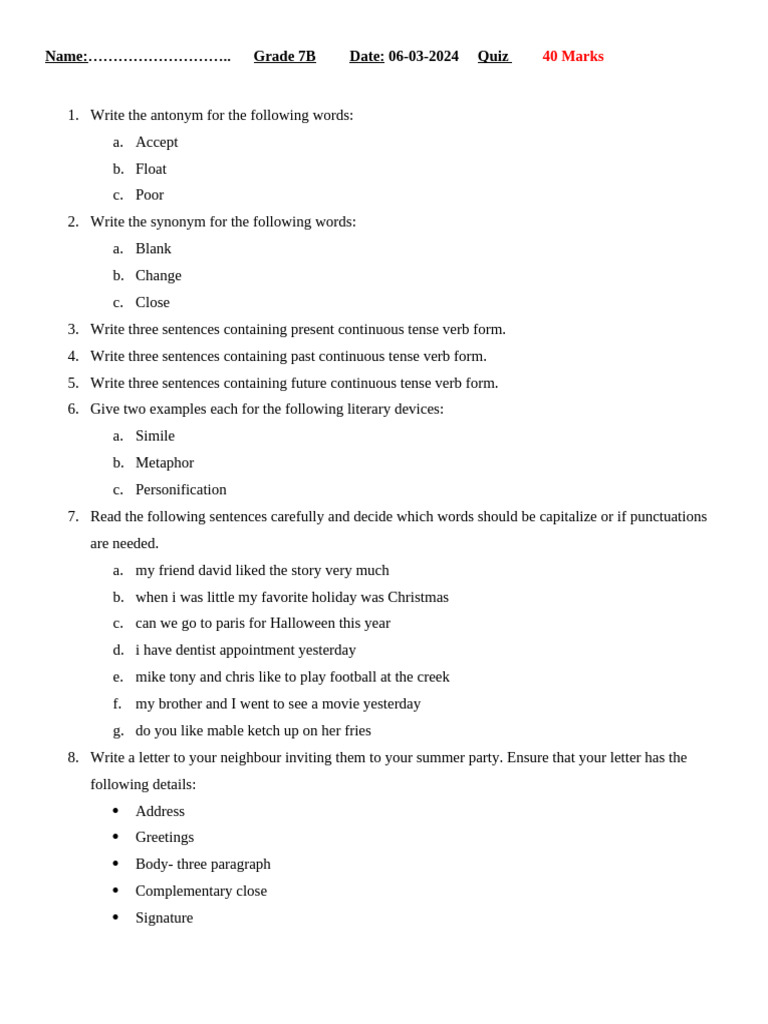 Grade 7 English Language Quiz | PDF