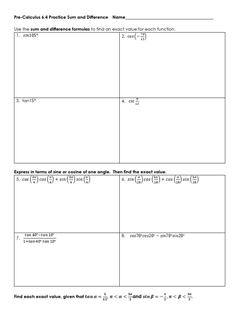 6.4+Practice+Sum+and+Difference+Formulas+2022 | PDF