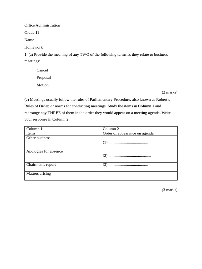 Grade 11 Office Administration Homework | PDF