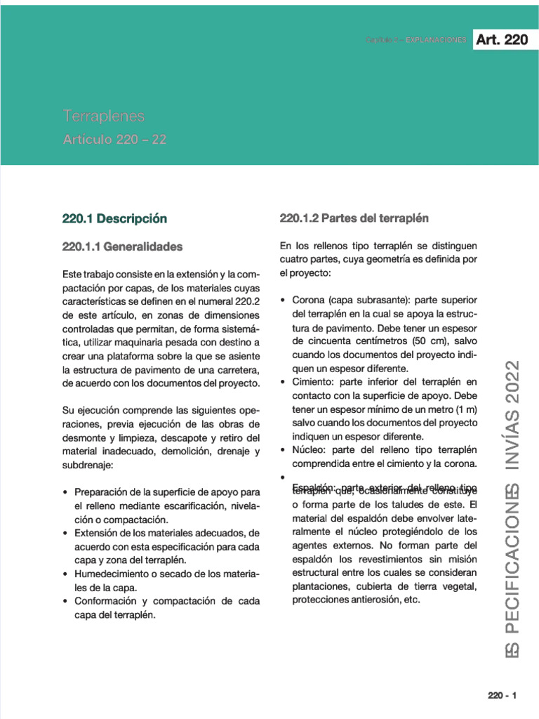 PDF Especificacion Invias Terraplenes Articulo 220 22 Compress | PDF