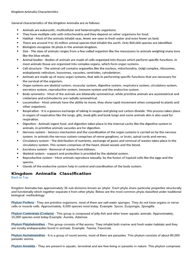 Kingdom Animalia Characteristics | PDF | Biology | Anatomy