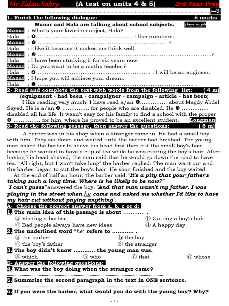 Test On Units 4 & 5 3rd Prep | PDF | Linguistics