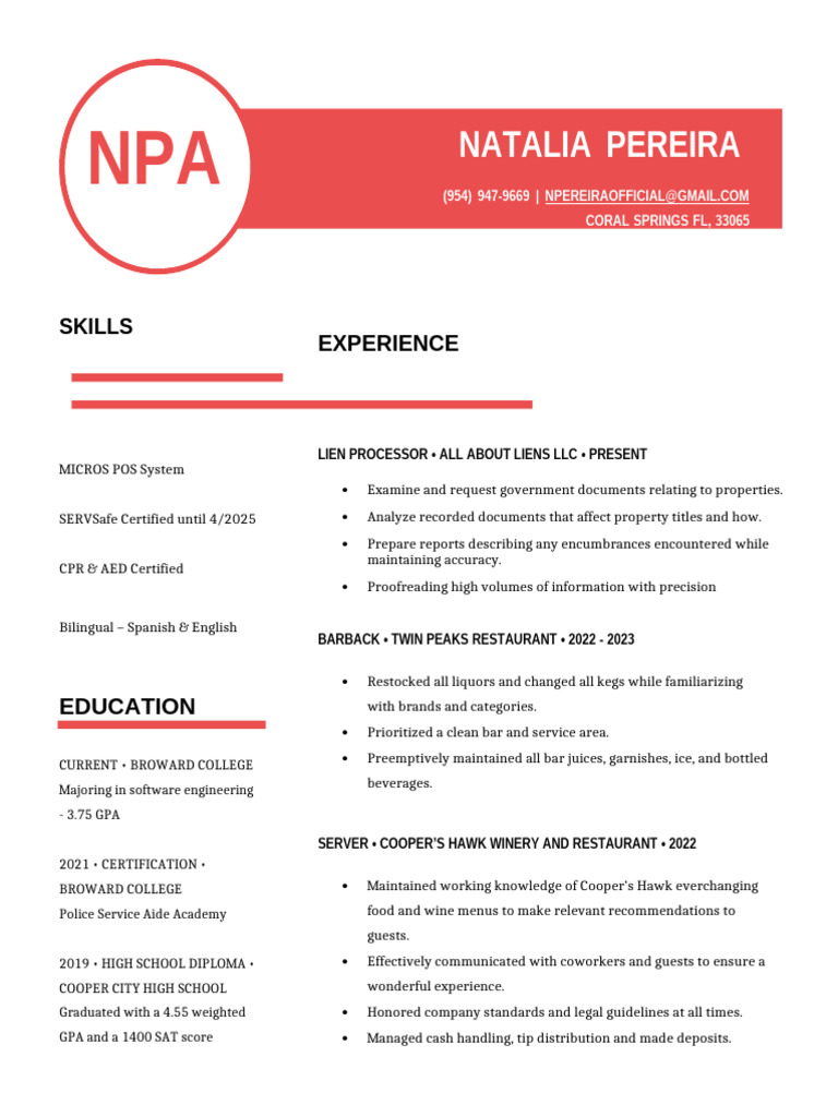Natalia Pereira's Professional Skills Resume | PDF
