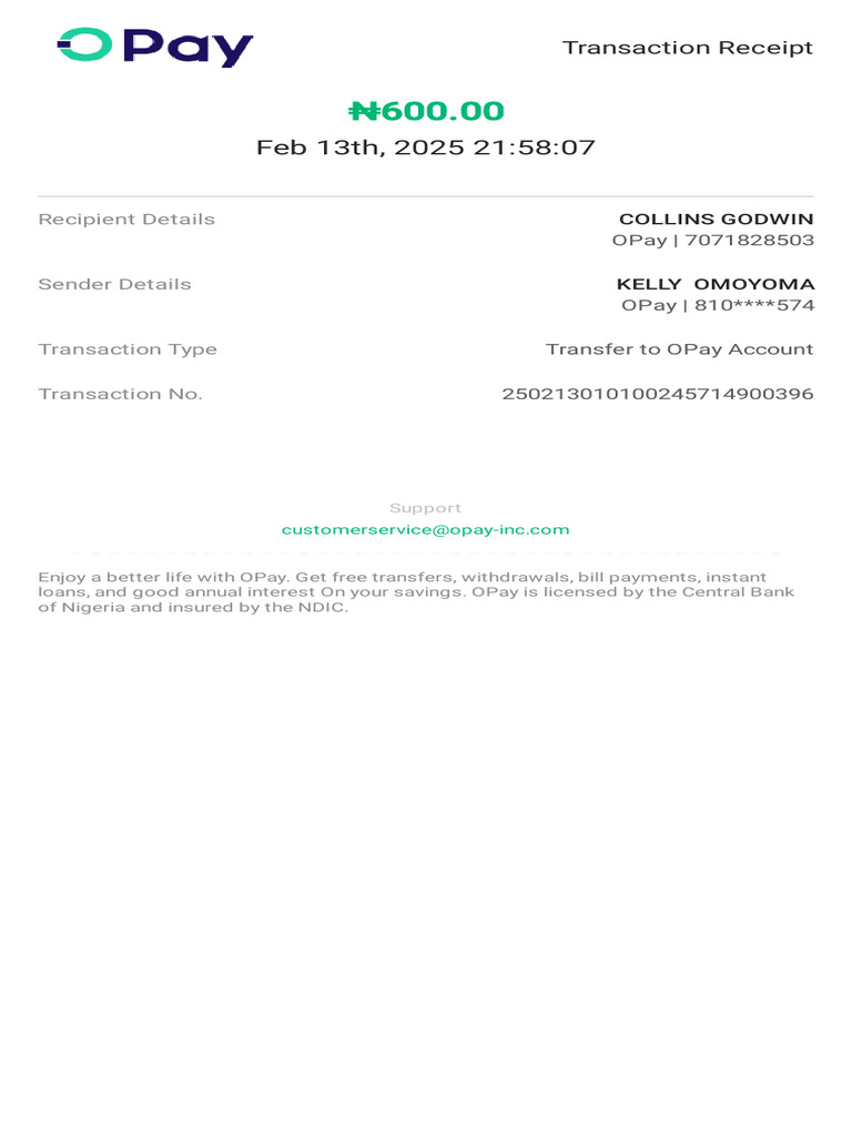 OPay Transaction Receipt - ₦600 Transfer | PDF