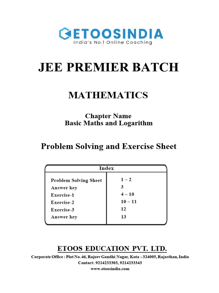 JEE Premier Batch Basic Mathematics & Logarithm PSS & Ex. Sheet PDF ...