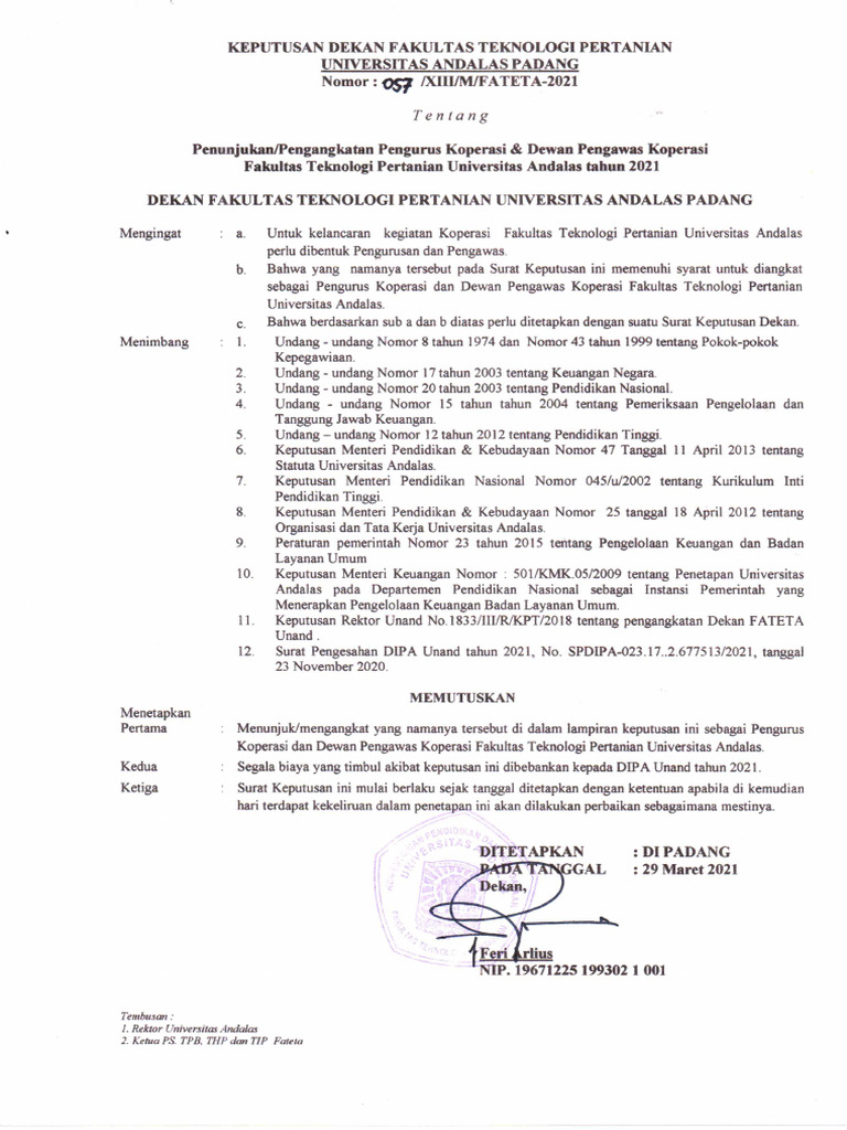 057 SK Pengurus Koperasi & Dewan Pengawas Koperasi FATETA 2021 | PDF