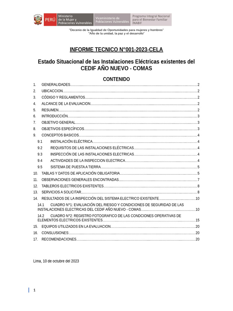 Informe Tecnico N°001-2023-CELA (Modelo Diagnostico) | PDF | Cableado eléctrico | Ingenieria ...