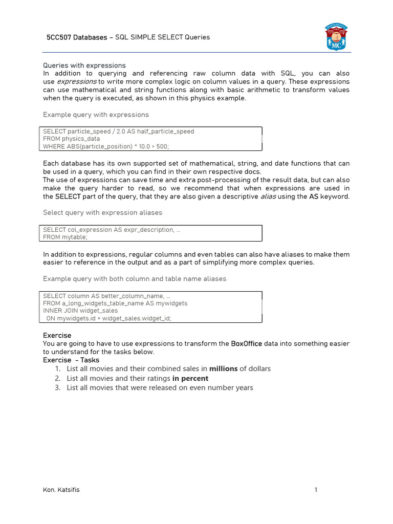 SQL Expressions for Data Queries | PDF