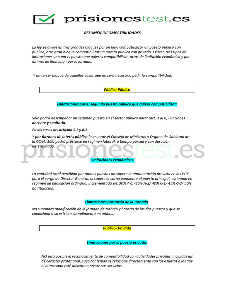 Resumen Incompatibilidades | PDF | Salario | Gobierno