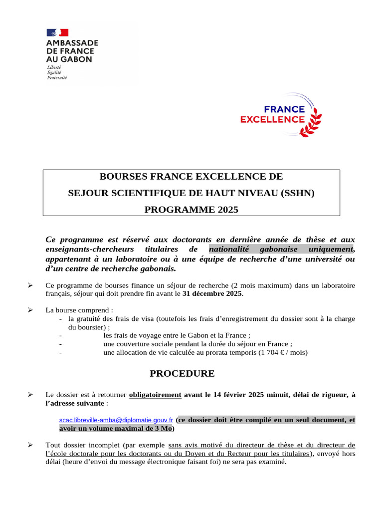 Notice D Informations - Bourses France Excellence SSHN Gabon 2025 | PDF | Doctorat