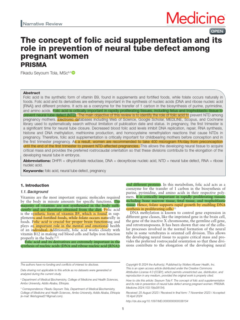 The Concept of Folic Acid Supplementation and Its Role in Prevention of ...