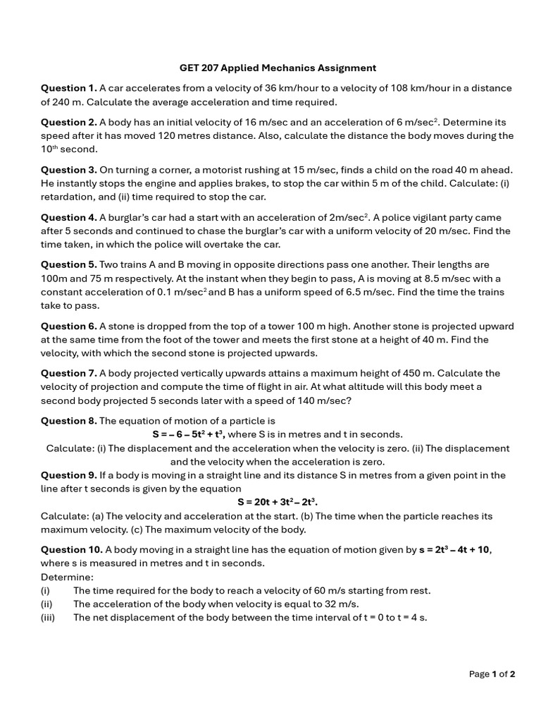 GET 207 Applied Mechanics Assignment 20242025 21dec2024 | PDF | Velocity | Force